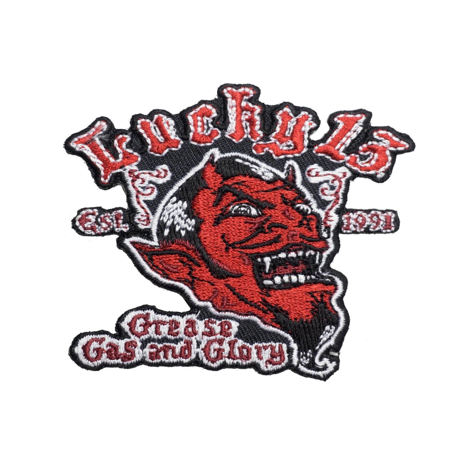 Lucky 13 Grease Gas & Glory Iron On Patch | Rockabilly – Atomic Cherry