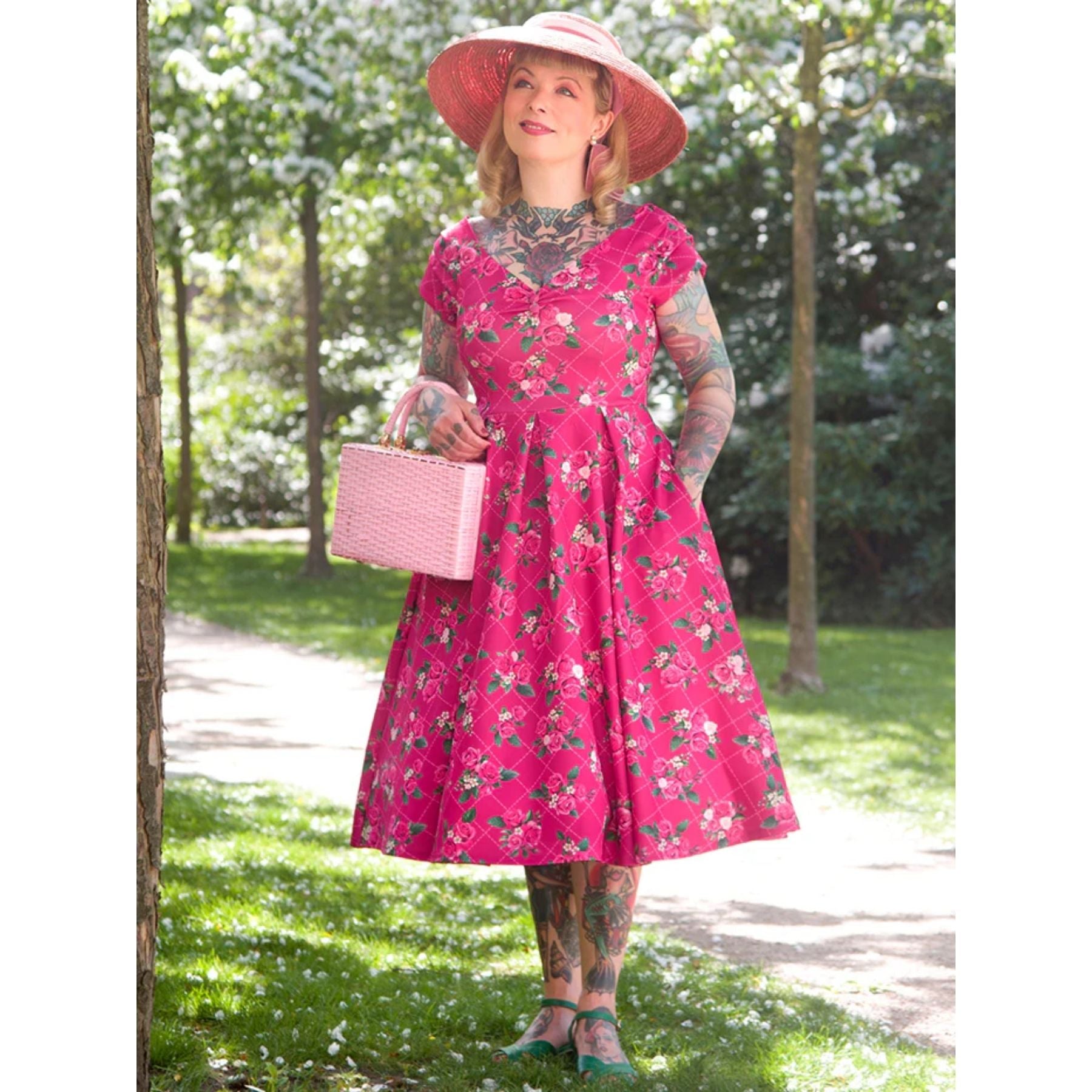 Pink Floral Lily Off Shoulder Dress Dolly Dotty Vintage Midi – Atomic ...