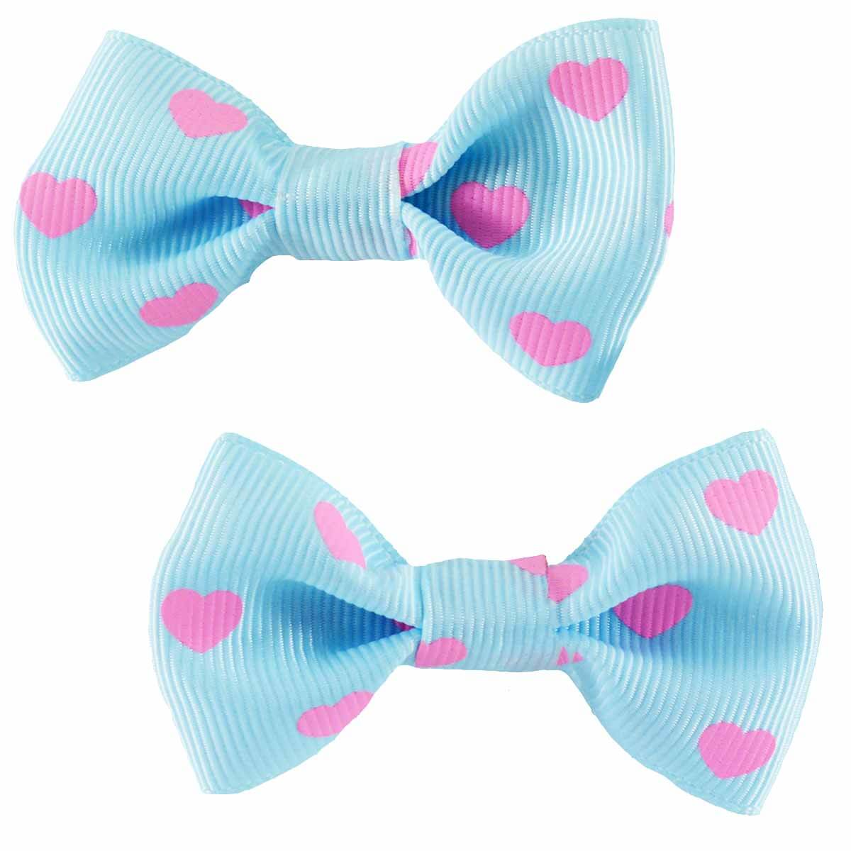 Light Blue Hair Clips Grosgrain Bow Pink Hearts - Atomic Cherry